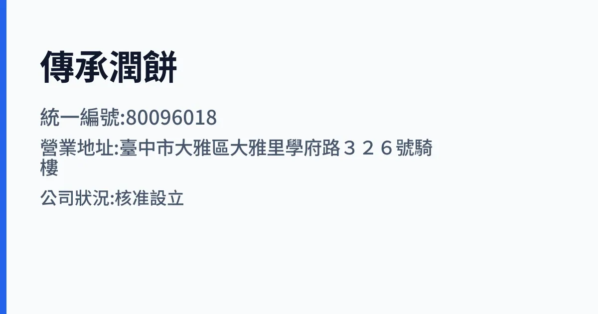 傳承潤餅 - 統編 80096018(臺中市) 公司登記資料與營業項目詳細圖表