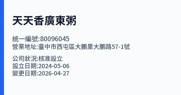 天天香廣東粥的照片-統編 80096045(臺中市) 公司登記資料與營業項目詳細圖表