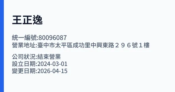 王正逸的照片-統編 80096087(臺中市) 公司登記資料與營業項目詳細圖表