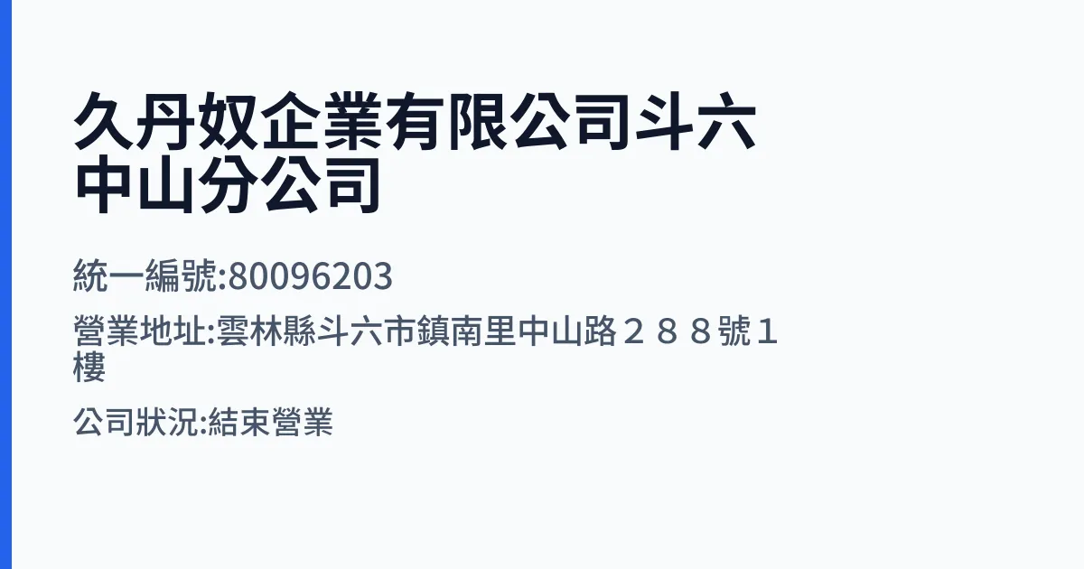 久丹奴企業有限公司斗六中山分公司 - 統編 80096203(雲林縣) 公司登記資料與營業項目詳細圖表