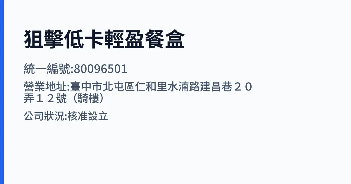 狙擊低卡輕盈餐盒 - 統編 80096501（臺中市） 公司登記資料與營業項目詳細圖表