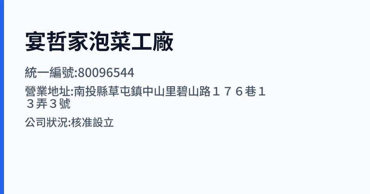 宴哲家泡菜工廠 - 統編 80096544（南投縣） 公司登記資料與營業項目詳細圖表