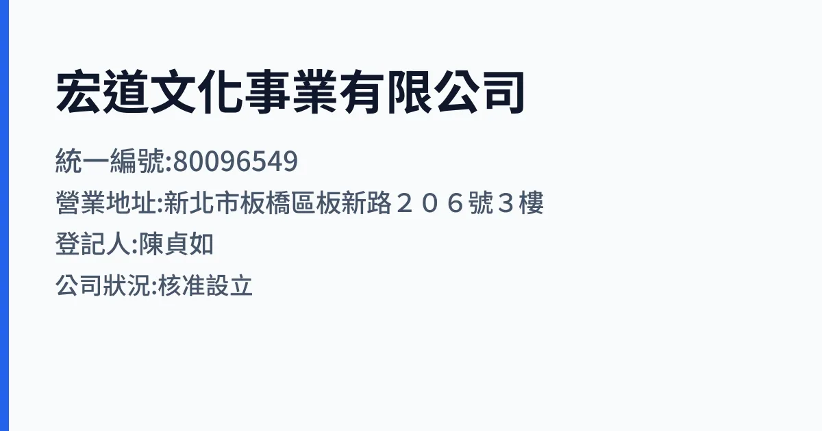 宏道文化事業有限公司 - 統編 80096549(新北市) 公司登記資料與營業項目詳細圖表