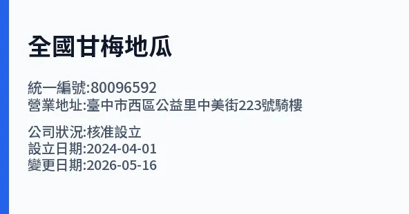 全國甘梅地瓜的照片-統編 80096592(臺中市) 公司登記資料與營業項目詳細圖表