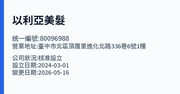 以利亞美髮的照片-統編 80096988(臺中市) 公司登記資料與營業項目詳細圖表