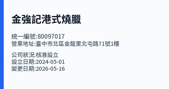 金強記港式燒臘的照片-統編 80097017(臺中市) 公司登記資料與營業項目詳細圖表