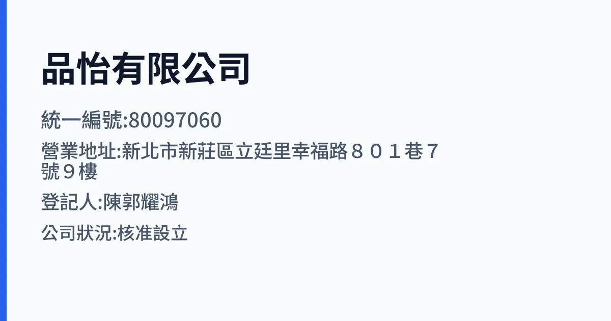 品怡有限公司 - 統編 80097060(新北市) 公司登記資料與營業項目詳細圖表