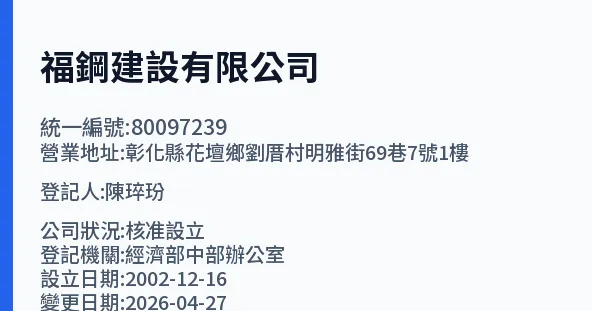 福鋼建設有限公司的照片-統編 80097239(彰化縣) 公司登記資料與營業項目詳細圖表