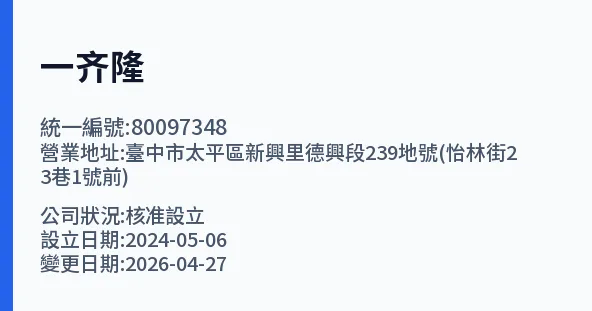 一齐隆的照片-統編 80097348(臺中市) 公司登記資料與營業項目詳細圖表