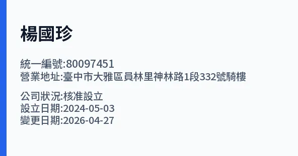 楊國珍的照片-統編 80097451(臺中市) 公司登記資料與營業項目詳細圖表