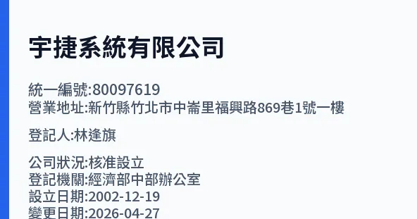 宇捷系統有限公司的照片-統編 80097619(新竹縣) 公司登記資料與營業項目詳細圖表
