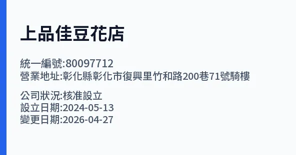 上品佳豆花店的照片-統編 80097712(彰化縣) 公司登記資料與營業項目詳細圖表