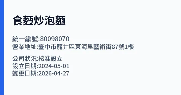 食麪炒泡麵的照片-統編 80098070(臺中市) 公司登記資料與營業項目詳細圖表