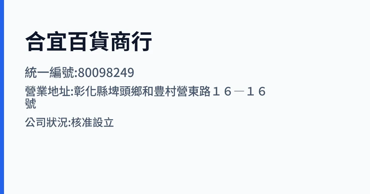合宜百貨商行 - 統編 80098249(彰化縣) 公司登記資料與營業項目詳細圖表