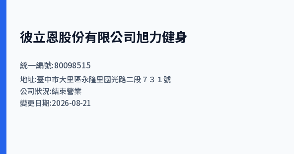 彼立恩股份有限公司旭力健身的照片-統編 80098515(臺中市) 公司登記資料與營業項目詳細圖表