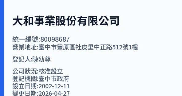 大和事業股份有限公司的照片-統編 80098687(臺中市) 公司登記資料與營業項目詳細圖表