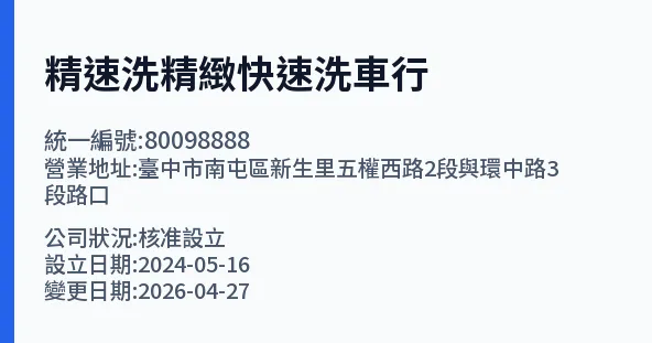 精速洗精緻快速洗車行的照片-統編 80098888(臺中市) 公司登記資料與營業項目詳細圖表