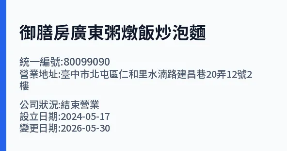 御膳房廣東粥燉飯炒泡麵的照片-統編 80099090(臺中市) 公司登記資料與營業項目詳細圖表