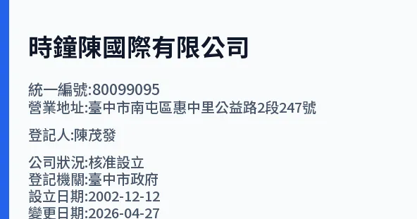 時鐘陳國際有限公司的照片-統編 80099095(臺中市) 公司登記資料與營業項目詳細圖表