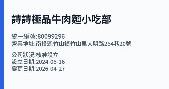 詩詩極品牛肉麵小吃部的照片-統編 80099296(南投縣) 公司登記資料與營業項目詳細圖表