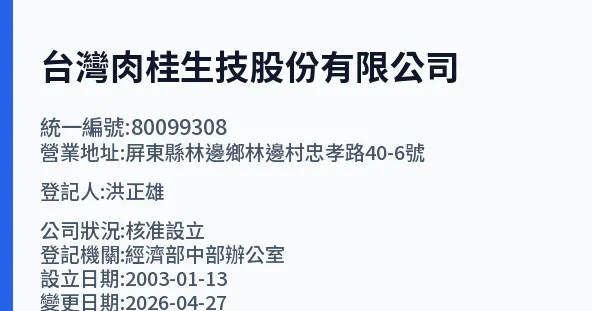 台灣肉桂生技股份有限公司的照片-統編 80099308(屏東縣) 公司登記資料與營業項目詳細圖表