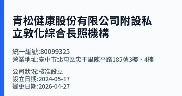 青松健康股份有限公司附設私立敦化綜合長照機構的照片-統編 80099325(臺中市) 公司登記資料與營業項目詳細圖表