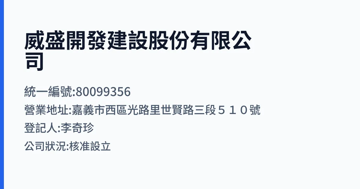 威盛開發建設股份有限公司 - 統編 80099356(嘉義市) 公司登記資料與營業項目詳細圖表