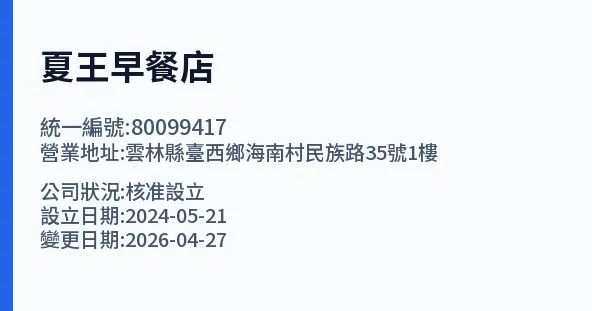 夏王早餐店的照片-統編 80099417(雲林縣) 公司登記資料與營業項目詳細圖表