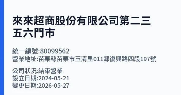 來來超商股份有限公司第二三五六門市的照片-統編 80099562(苗栗縣) 公司登記資料與營業項目詳細圖表