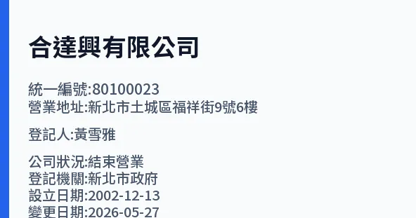 合達興有限公司的照片-統編 80100023(新北市) 公司登記資料與營業項目詳細圖表
