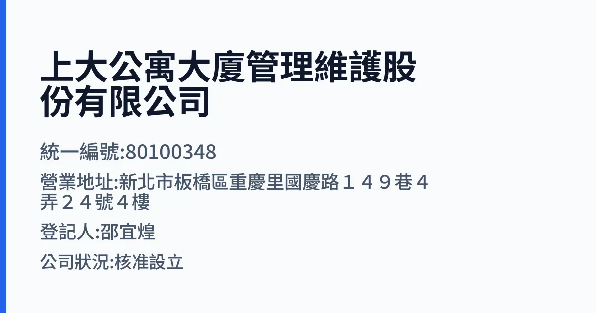 上大公寓大廈管理維護股份有限公司 - 統編 80100348(新北市) 公司登記資料與營業項目詳細圖表