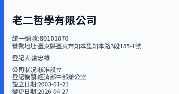 老二哲學有限公司的照片-統編 80101070(臺東縣) 公司登記資料與營業項目詳細圖表