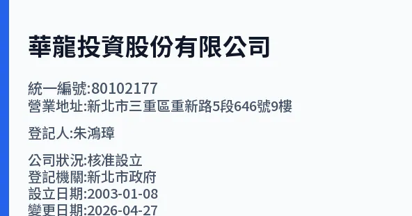 華龍投資股份有限公司的照片-統編 80102177(新北市) 公司登記資料與營業項目詳細圖表