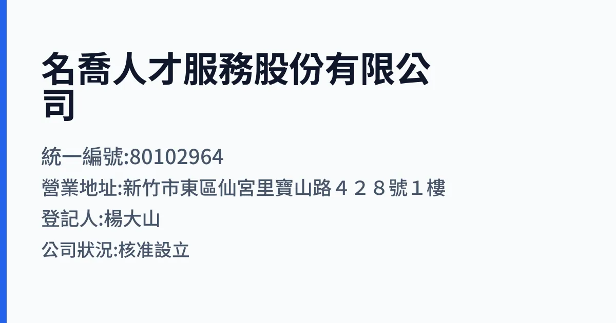 名喬人才服務股份有限公司 - 統編 80102964(新竹市) 公司登記資料與營業項目詳細圖表