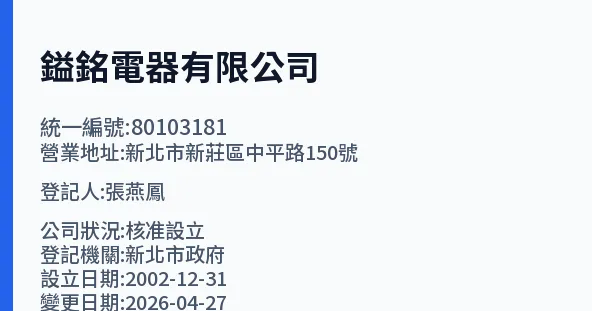 鎰銘電器有限公司的照片-統編 80103181(新北市) 公司登記資料與營業項目詳細圖表