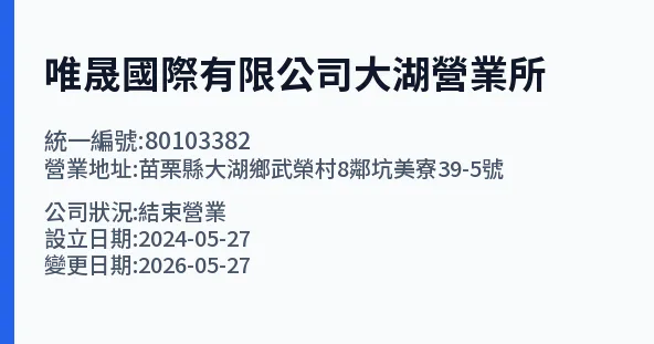 唯晟國際有限公司大湖營業所的照片-統編 80103382(苗栗縣) 公司登記資料與營業項目詳細圖表