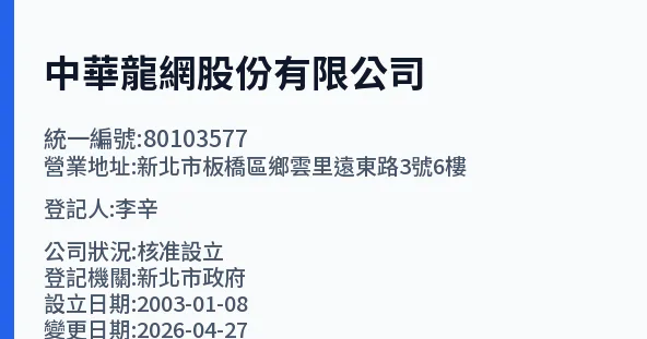 中華龍網股份有限公司的照片-統編 80103577(新北市) 公司登記資料與營業項目詳細圖表