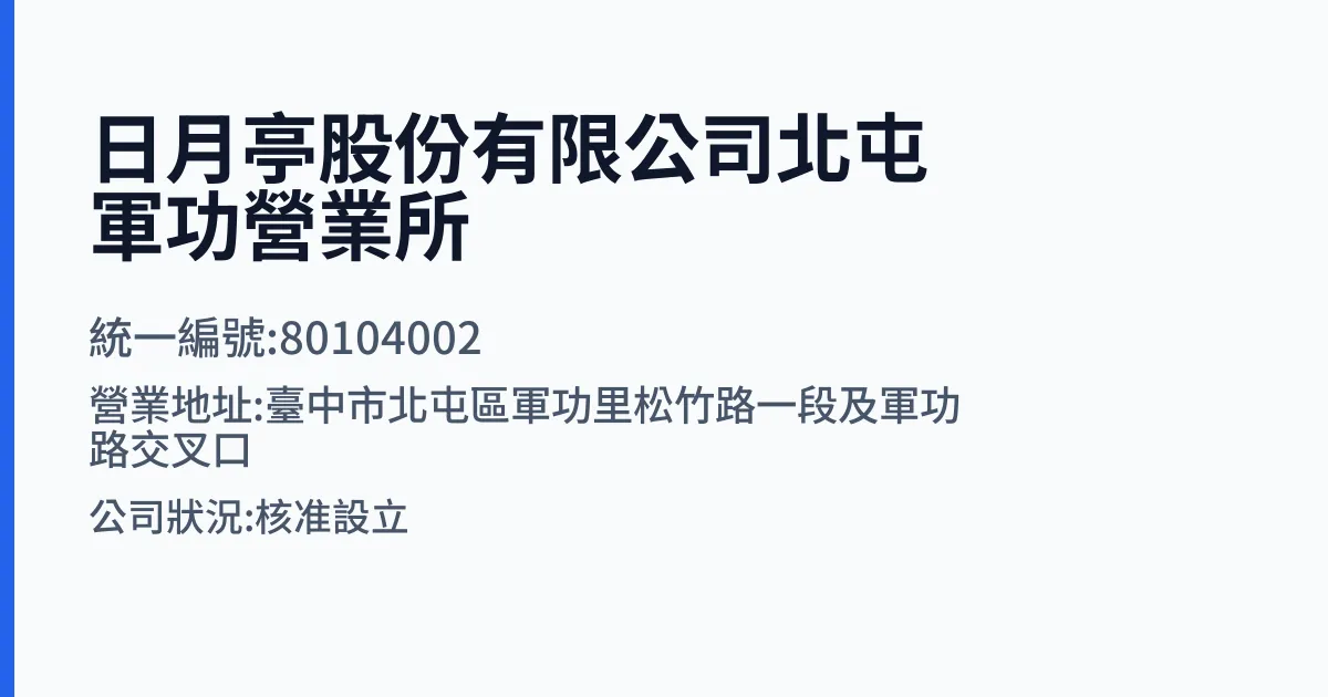 日月亭股份有限公司北屯軍功營業所 - 統編 80104002(臺中市) 公司登記資料與營業項目詳細圖表
