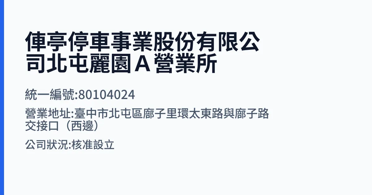 俥亭停車事業股份有限公司北屯麗園A營業所 - 統編 80104024(臺中市) 公司登記資料與營業項目詳細圖表