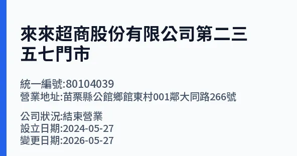 來來超商股份有限公司第二三五七門市的照片-統編 80104039(苗栗縣) 公司登記資料與營業項目詳細圖表