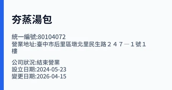 夯蒸湯包的照片-統編 80104072(臺中市) 公司登記資料與營業項目詳細圖表