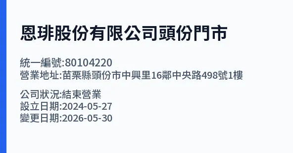 恩琲股份有限公司頭份門市的照片-統編 80104220(苗栗縣) 公司登記資料與營業項目詳細圖表