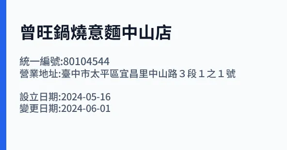 曾旺鍋燒意麵中山店的照片-統編 80104544(臺中市) 公司登記資料與營業項目詳細圖表