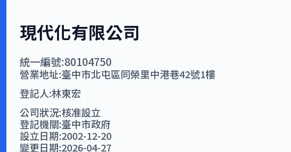現代化有限公司的照片-統編 80104750(臺中市) 公司登記資料與營業項目詳細圖表