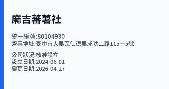 麻吉蕃薯社的照片-統編 80104930(臺中市) 公司登記資料與營業項目詳細圖表