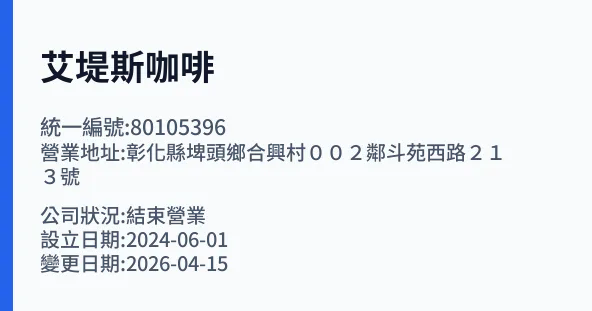 艾堤斯咖啡的照片-統編 80105396(彰化縣) 公司登記資料與營業項目詳細圖表
