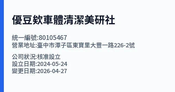 優豆欸車體清潔美研社的照片-統編 80105467(臺中市) 公司登記資料與營業項目詳細圖表