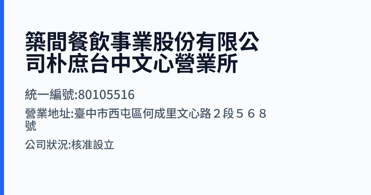 築間餐飲事業股份有限公司朴庶台中文心營業所 - 統編 80105516(臺中市) 公司登記資料與營業項目詳細圖表