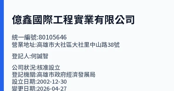 億鑫國際工程實業有限公司的照片-統編 80105646(高雄市) 公司登記資料與營業項目詳細圖表