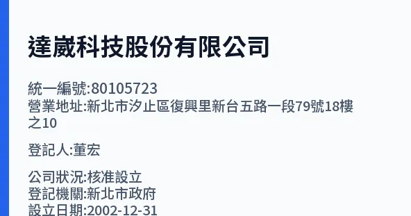 達崴科技股份有限公司的照片-統編 80105723(新北市) 公司登記資料與營業項目詳細圖表